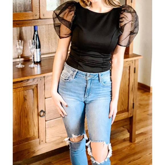 Rolypoly | Tops | New Rolypoly Womens Sheer Puff Sleeve Solid Top In Black | Poshmark